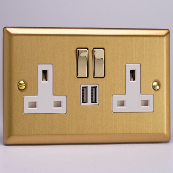 Varilight Classic Brushed Brass 2 Gang 13A Switched Socket with Dual ...
