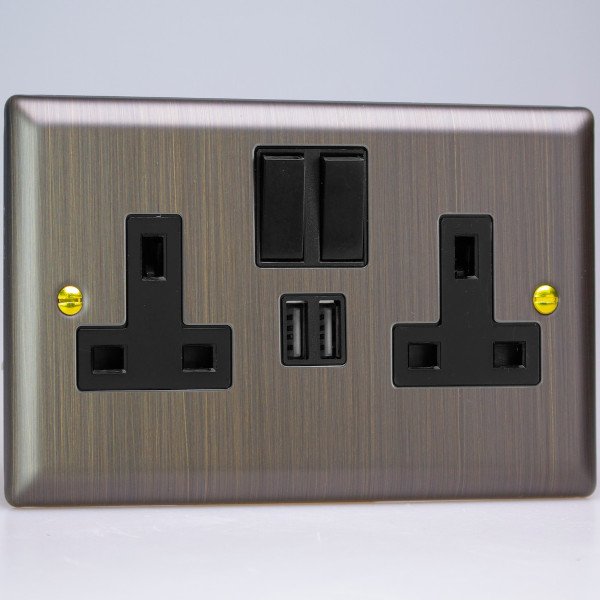 Varilight Urban Antique Brass 2 Gang 13A Switched Socket with Dual USB ...