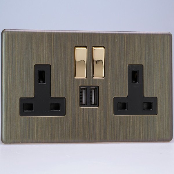 Varilight Urban Screwless Antique Brass 2 Gang 13A Switched Socket with ...