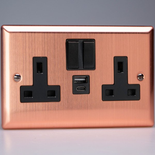 Varilight Urban Brushed Copper 2 Gang 13A Switched Socket with 1x USB-A ...