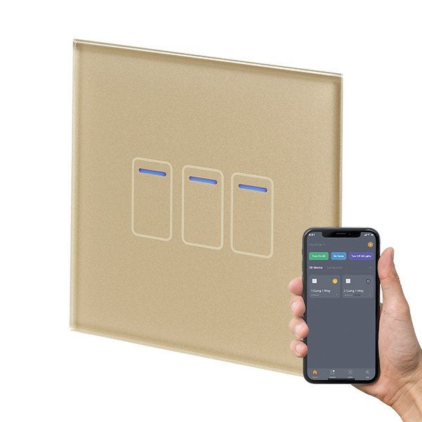 Retrotouch Crystal+ 3 Gang Wi-Fi Touch Light Switch with Brass Glass | UKES