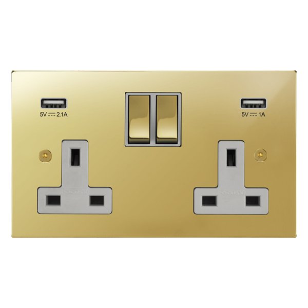 Focus SB Ambassador Square Corners 2 Gang 13A Switched USB Wall Socket ...
