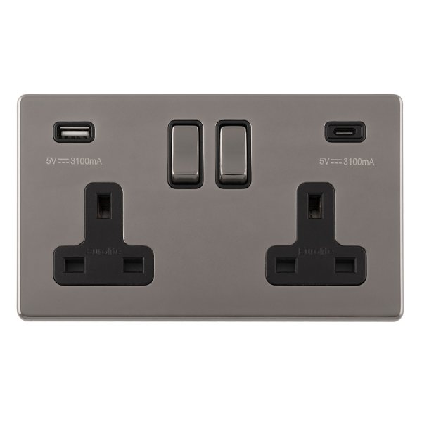 Eurolite Concealed 3mm Black Nickel 2 Gang 13A Switched Socket with ...