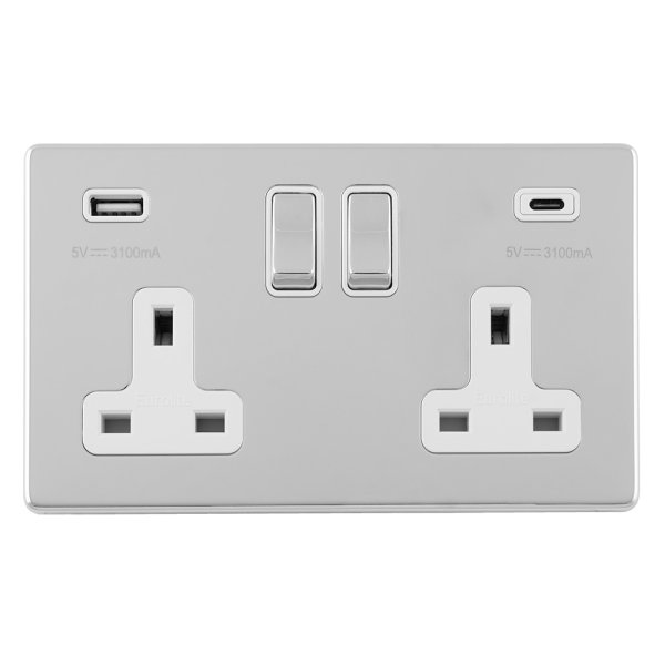 Eurolite Concealed 3mm Polished Chrome 2 Gang 13A Switched Socket with ...