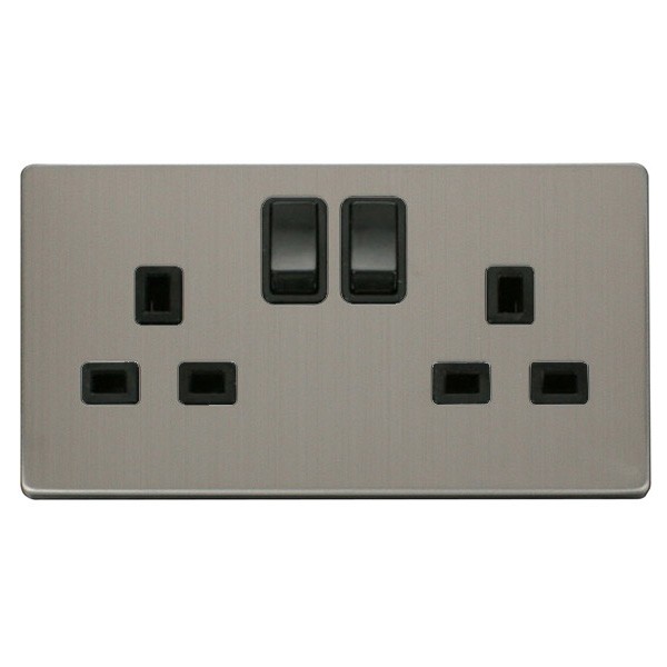 Click Definity Flat Plate Screwless 2 Gang UK 13A Black Switched Socket ...