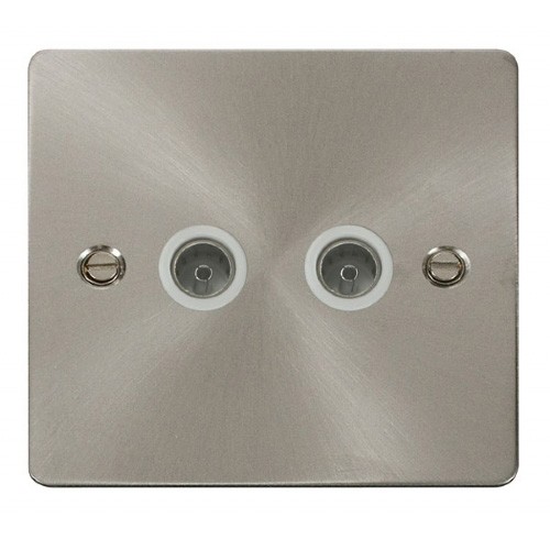 Click Define Brushed Steel Flat Plate 2 Gang Coaxial Socket with White ...