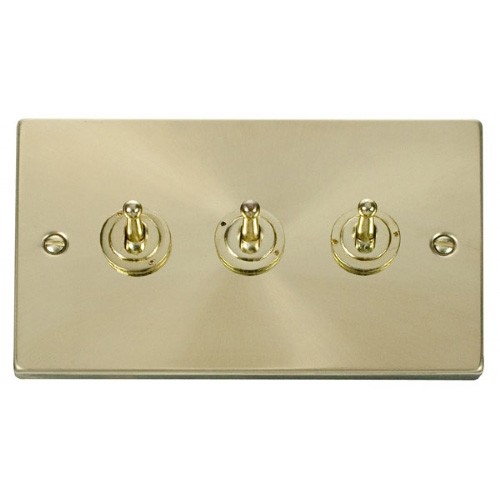 Click Deco Victorian Satin Brass 3 Gang 2 Way 10AX Toggle Switch with ...