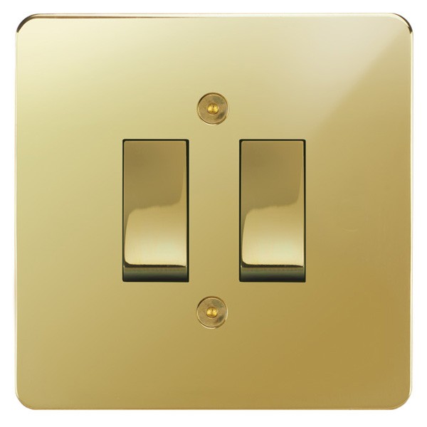 Focus SB Horizon HPB11.2 trimless 2 gang 20 amp 2 way rocker switch in Polished Brass | UKES