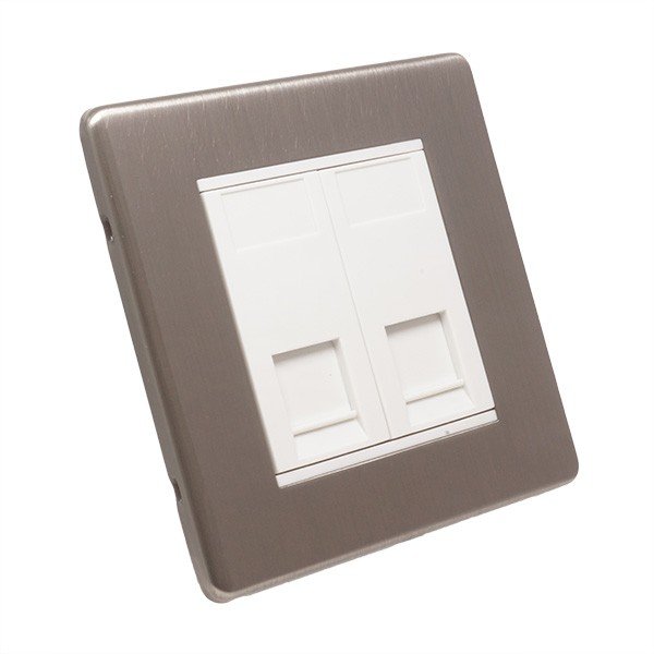 Eurolite Concealed 6mm Satin Nickel 2 Gang RJ45 Data Socket with White ...