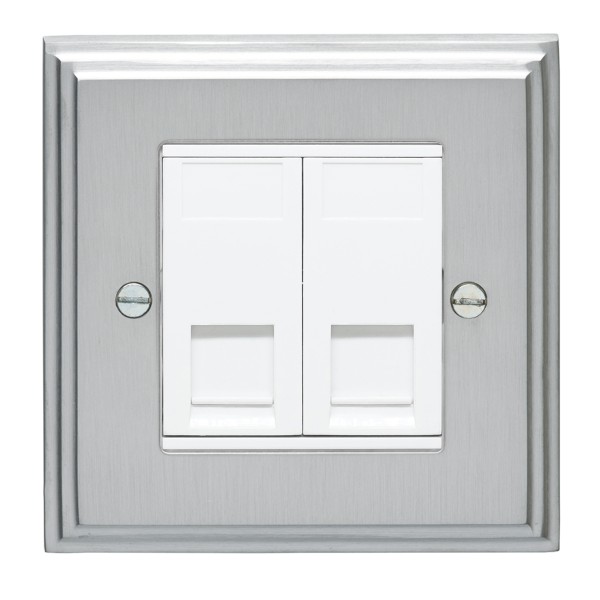 Eurolite Stepped Edge Satin Chrome 2 Gang Data Socket with White Insert ...