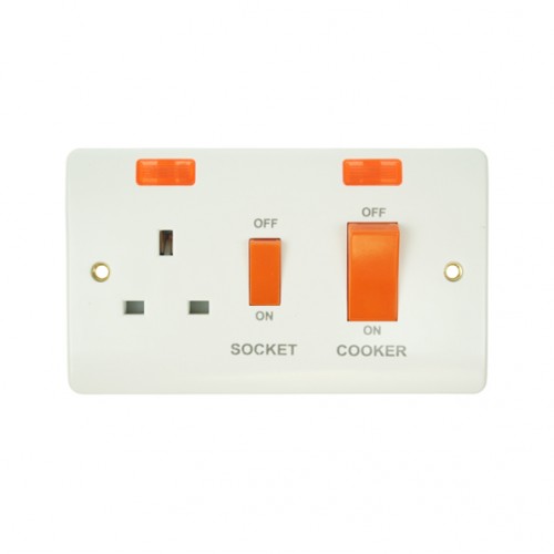 Click Mode White PVC 45amp Cooker Switch and 13amp Socket with Neons ...