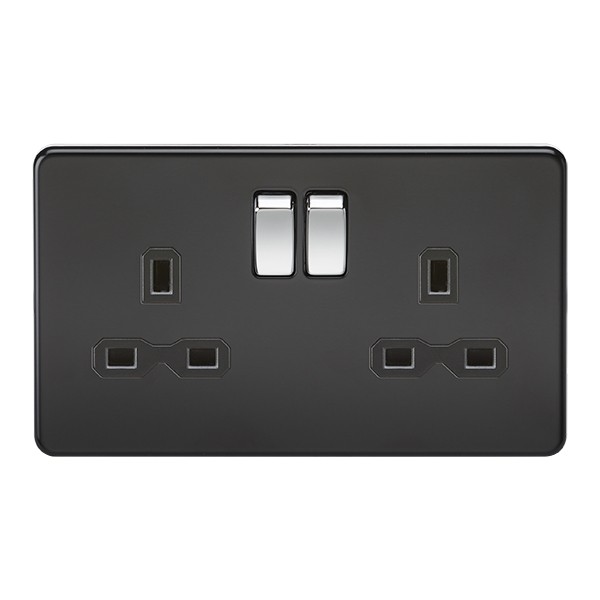 Knightsbridge Screwless Matt Black and Chrome 13A 2 Gang Double Pole ...