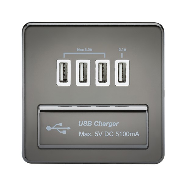 Knightsbridge Screwless Black Nickel 1 Gang Quad USB Charger Outlet ...