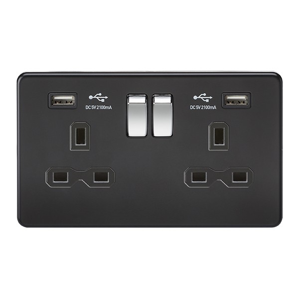 Knightsbridge Screwless SFR9902MB Matt Black & Chrome USB Socket | UKES