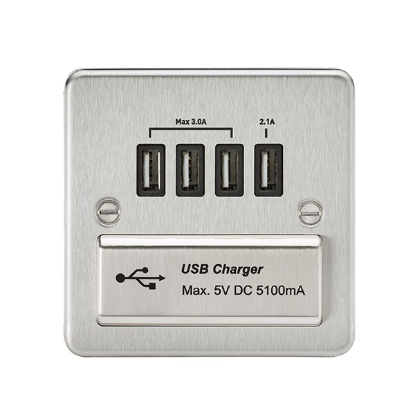 Knightsbridge Flat Plate Brushed Chrome 1 Gang Quad USB Charger Outlet ...