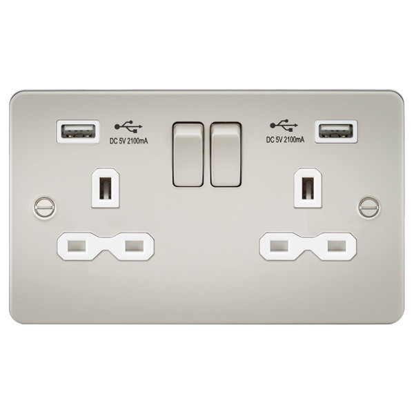Knightsbridge Flat Plate Pearl 2 Gang 13A Switched Socket with Dual USB ...