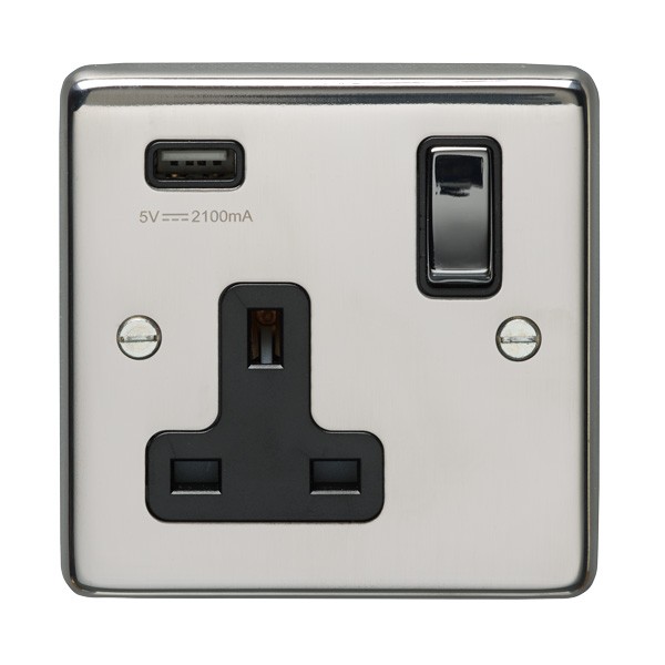 Eurolite Stainless Steel Socket w/ USB Charger (PSS1USBPSB) at UKES