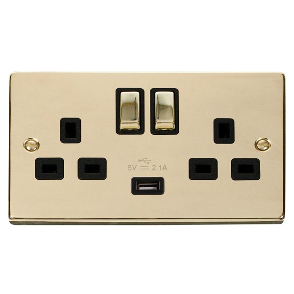 Click Deco Victorian Polished Brass 2 Gang 13A Ingot Switched Socket ...