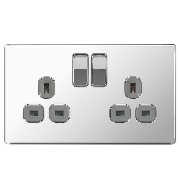 BG Electrical Nexus Flatplate Screwless Polished Chrome 13A 2 Gang Double Pole Switched Socket ...