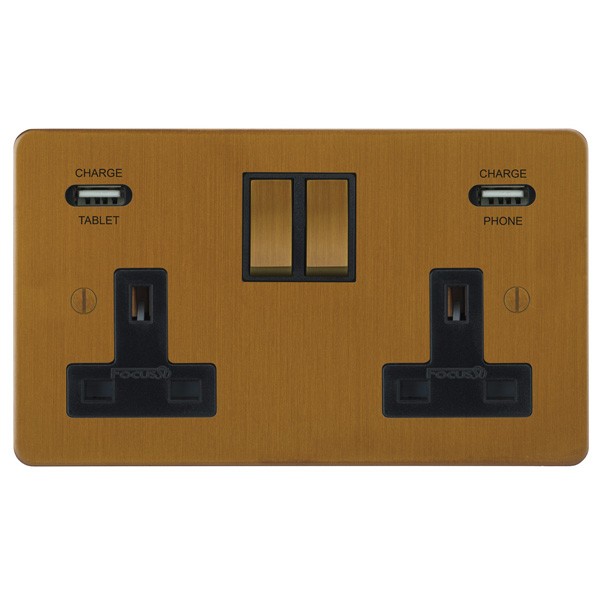 Focus SB Ambassador 2 Gang 13A Switched USB Wall Socket in Bronze ...