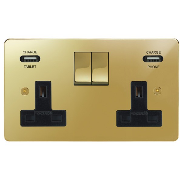 Focus SB Horizon 2 Gang 13A Switched USB Wall Socket in Polished Brass ...