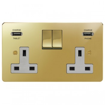 Focus SB Horizon 2 Gang 13A Switched USB Wall Socket in Polished Brass ...