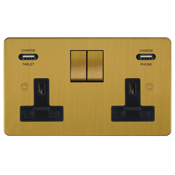 Focus SB Horizon 2 Gang 13A Switched USB Wall Socket in Satin Brass ...