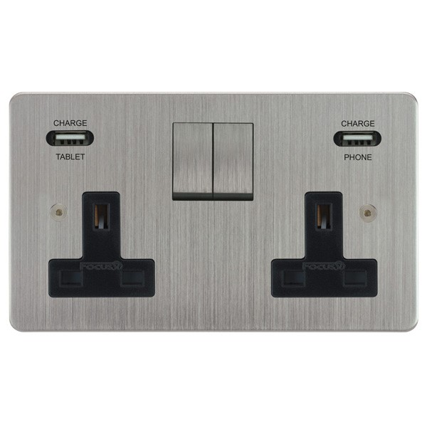 Focus SB Horizon 2 Gang 13A Switched USB Wall Socket in Satin Chrome ...
