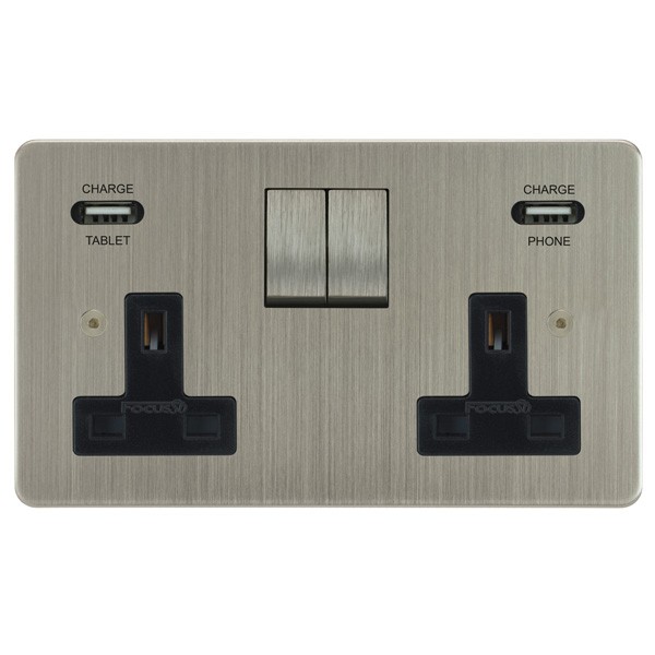 Focus SB Horizon 2 Gang 13A Switched USB Wall Socket in Satin Nickel ...