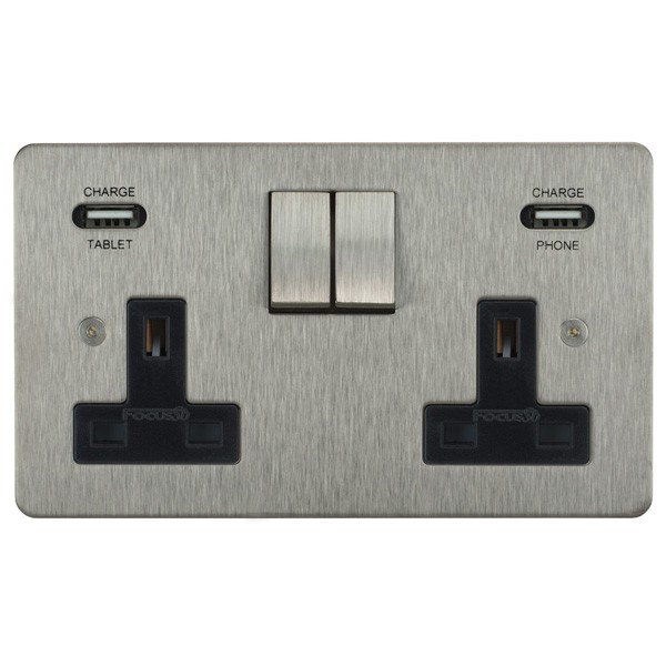 Focus SB Horizon 2 Gang 13A Switched USB Wall Socket in Satin Stainless ...