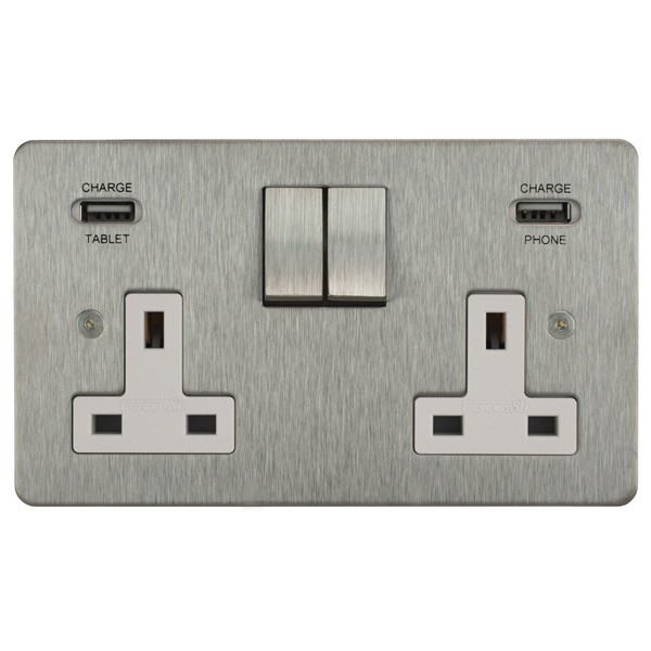 Focus SB Horizon 2 Gang 13A Switched USB Wall Socket in Satin Stainless ...