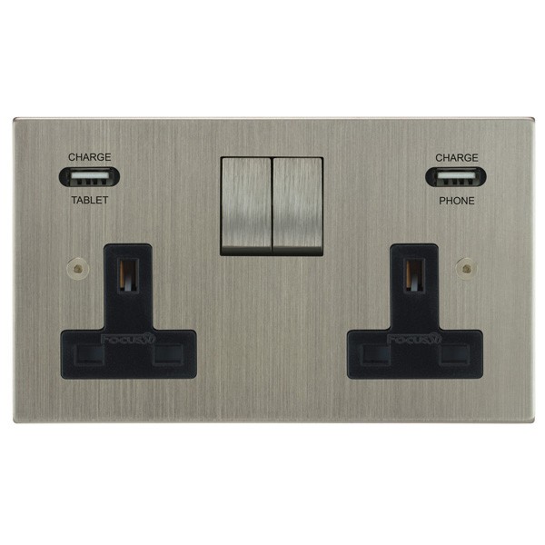 Focus SB Horizon Square Corners 2 Gang 13A Switched USB Wall Socket in ...