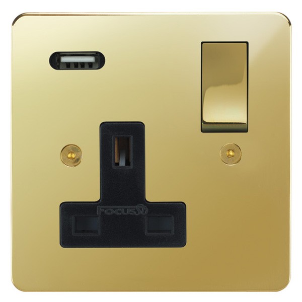 Focus SB Horizon 1 Gang 13A Switched USB Wall Socket in Polished Brass ...