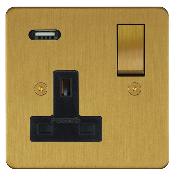 Focus SB Horizon 1 Gang 13A Switched USB Wall Socket in Satin Brass ...