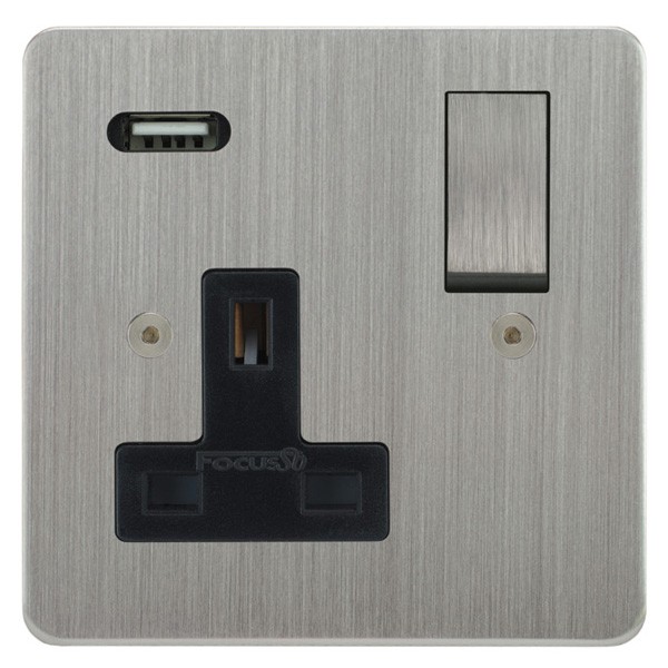 Focus SB Horizon 1 Gang 13A Switched USB Wall Socket in Satin Chrome ...