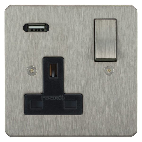 Focus SB Horizon 1 Gang 13A Switched USB Wall Socket in Satin Stainless ...
