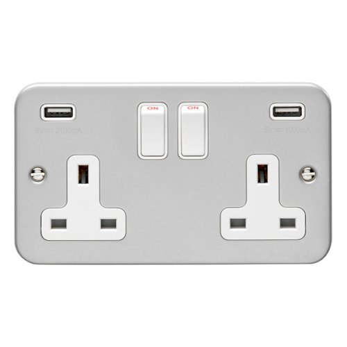 Eurolite Metal Clad 2 Gang 13A Switched USB Socket (MC2USB W) at UKES