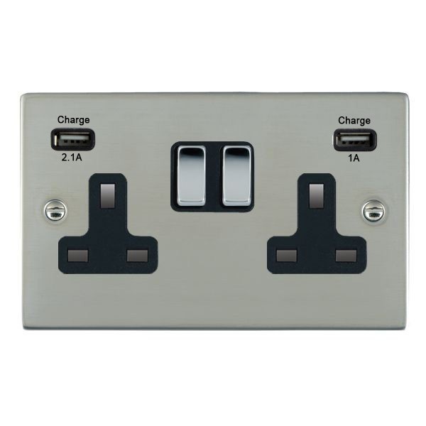 Hamilton Sheer Bright Steel 2 Gang 13A Double Pole Switched Socket, 2.1A USB Type-A and 1A USB ...