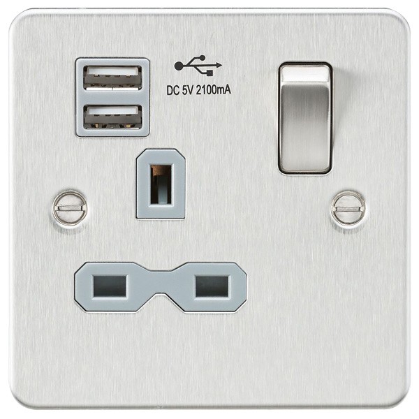 Knightsbridge Flat Plate Brushed Chrome 13A 1 Gang Switched Socket with ...