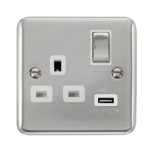 Click Deco Plus Polished Chrome 1 Gang 13A Ingot Switched Socket with USB Outlet and White ...