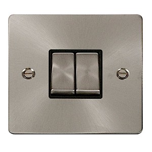Click Brushed Steel Flat Plate Double Light Switch with Black Insert ...