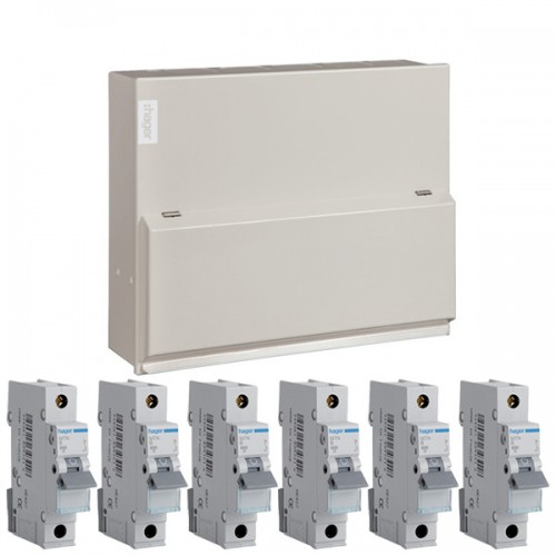 Hager 6 Way Consumer Unit Kit w/ MCBs (VML733H + 6-MCB-KIT) at UKES
