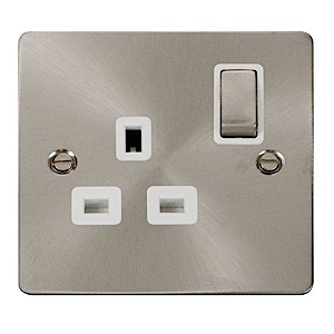 Click Brushed Steel Flat Plate Single Switched Socket with White Insert ...