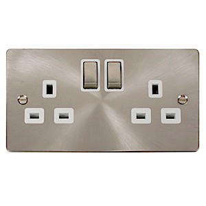 Click Brushed Steel Flat Plate Double Switched Socket with White Insert ...