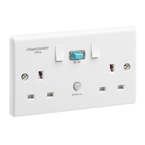 PowerBreaker White 2 Gang 13A Switched RCD Socket - Active 10mA | UKES