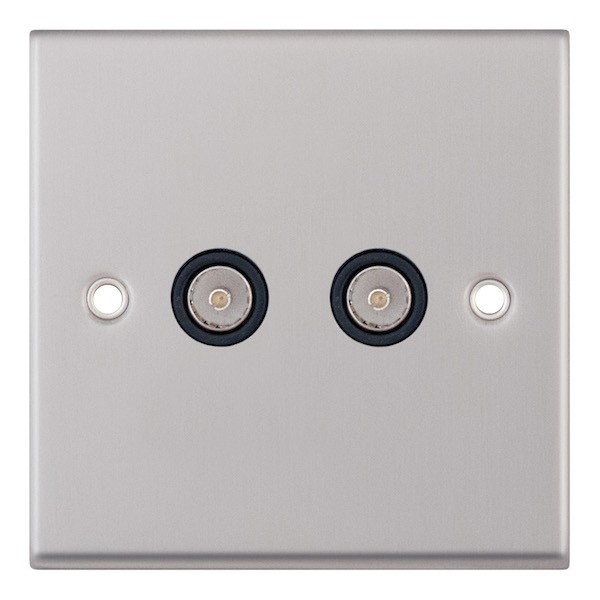 Selectric 7M Satin Chrome 2 Gang TV/FM Socket with Black Insert | UKES