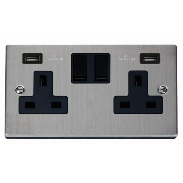 Click Deco Victorian Stainless Steel 2 Gang 13A Switched Socket and Twin 2.1A USB Outlets with ...