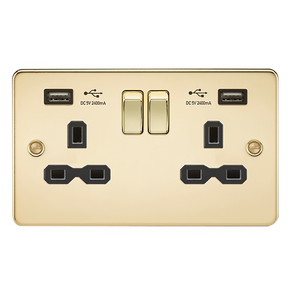 Knightsbridge Flat Plate Switched Socket w/ USB (FPR9224PB) | UKES