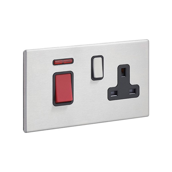 Hamilton Hartland G2 Satin Steel 45A Double Pole Switch with Red Rocker ...