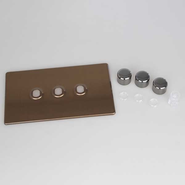 Varilight Screwless Brushed Bronze 3 Gang Rotary Dimmer Matrix Kit | UKES